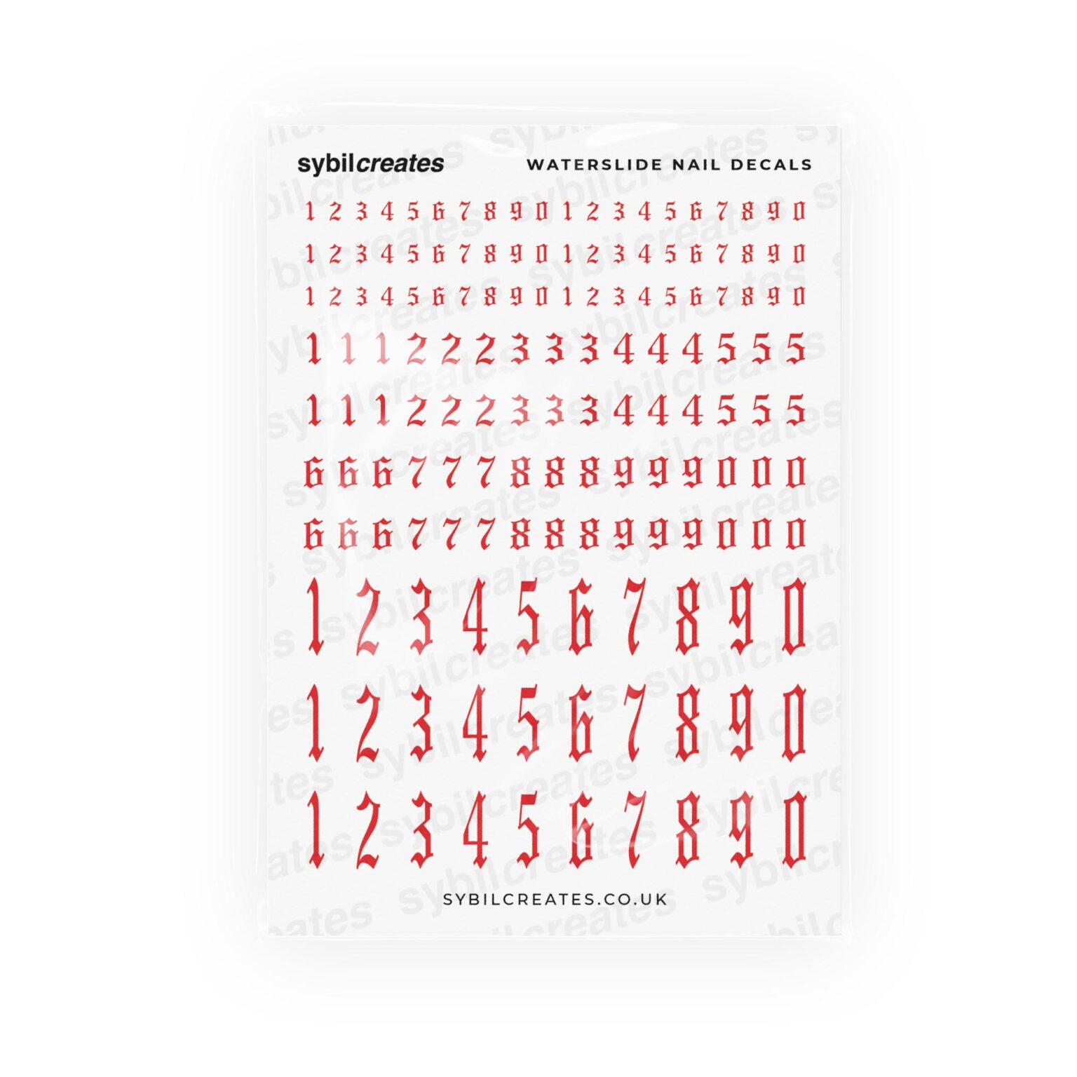 Red Old English Numbers Waterslide Nail Decals – Clear Transparent A6 ...